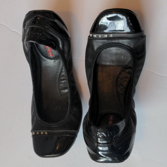 Prada | Shoes | Prada Black Leather And Patent Slip On Ballet Flats ...